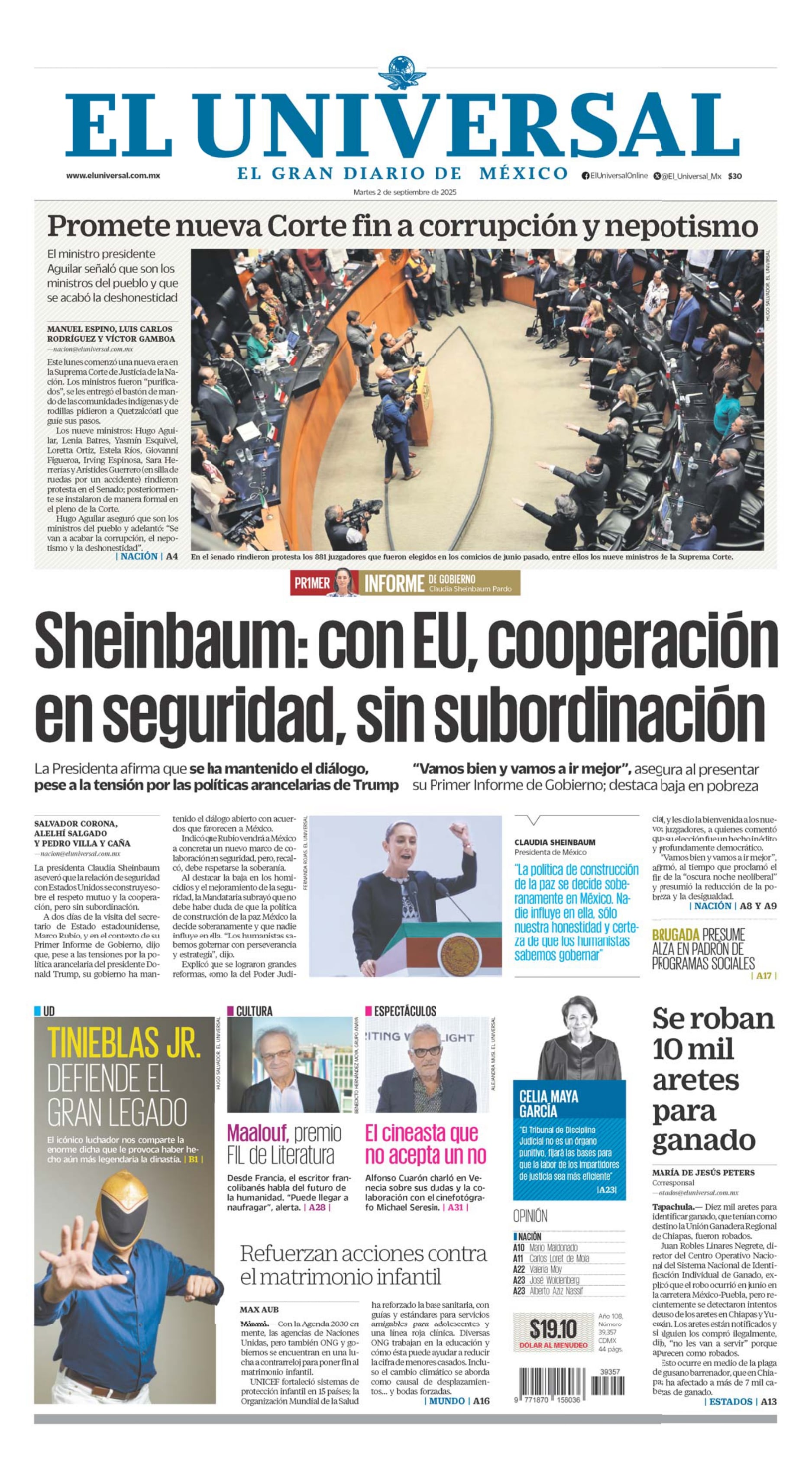 Portada impresa del 2 de septiembre de 2025 | El Universal