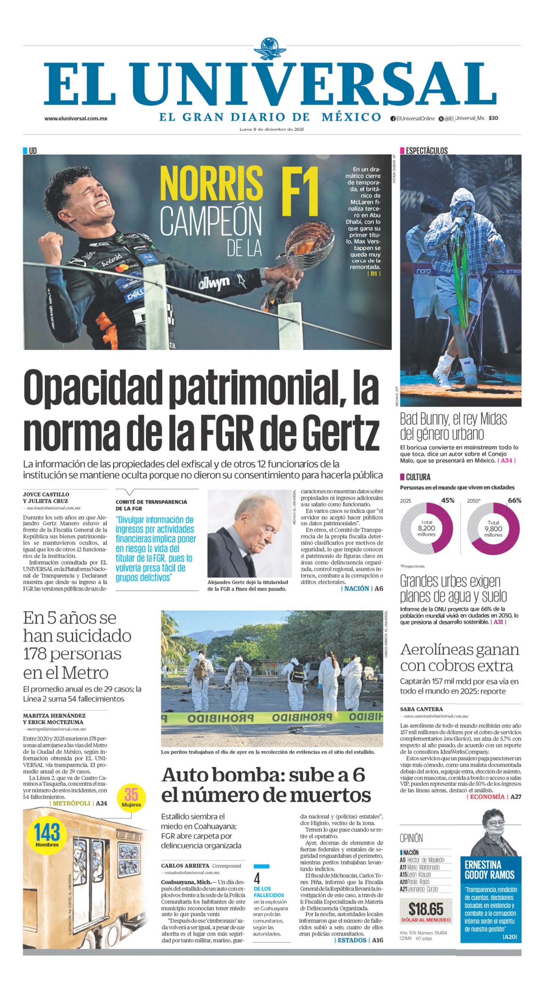 Portada impresa del 8 de diciembre de 2025 | El Universal