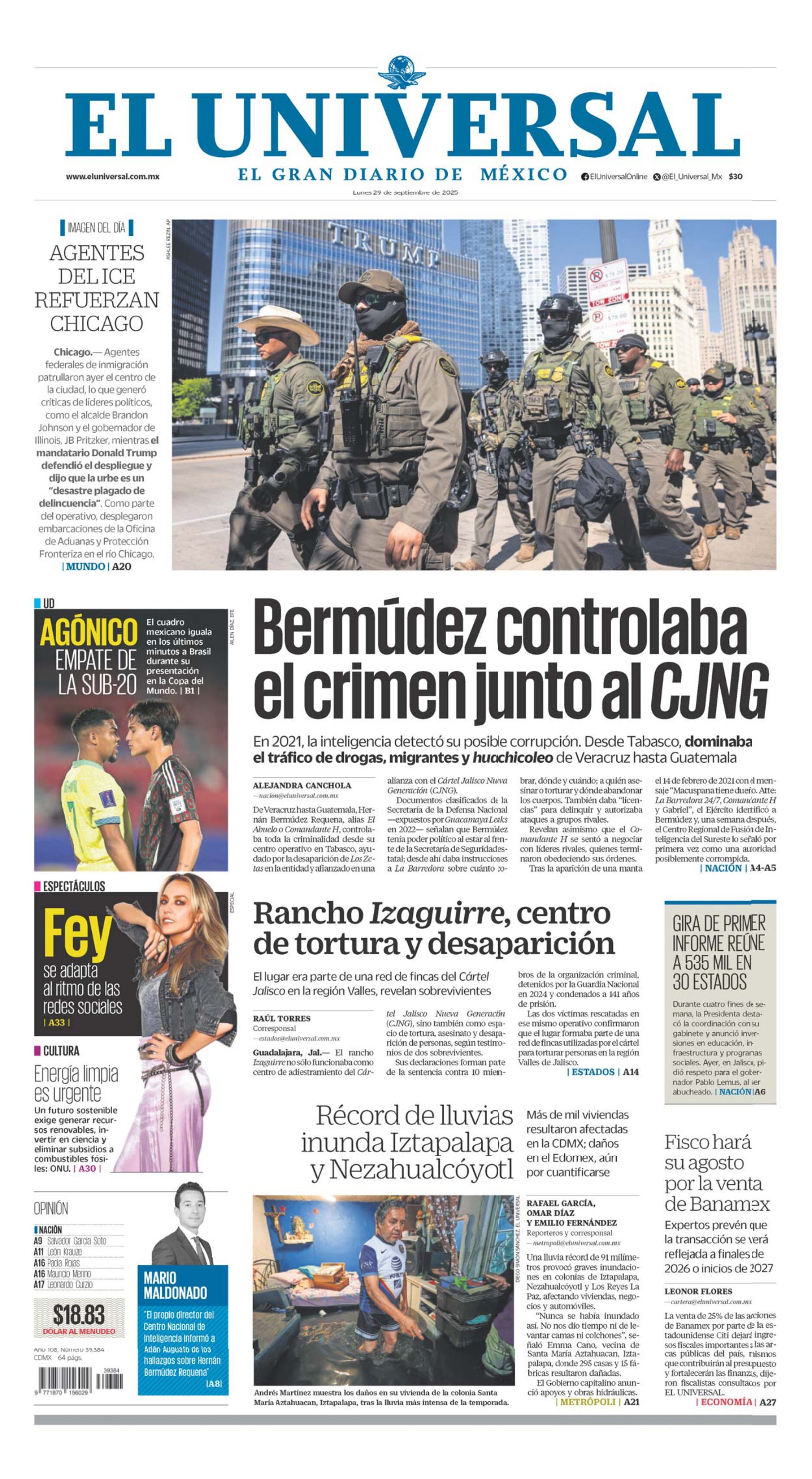 Portada impresa del 29 de septiembre del 2025 | El Universal