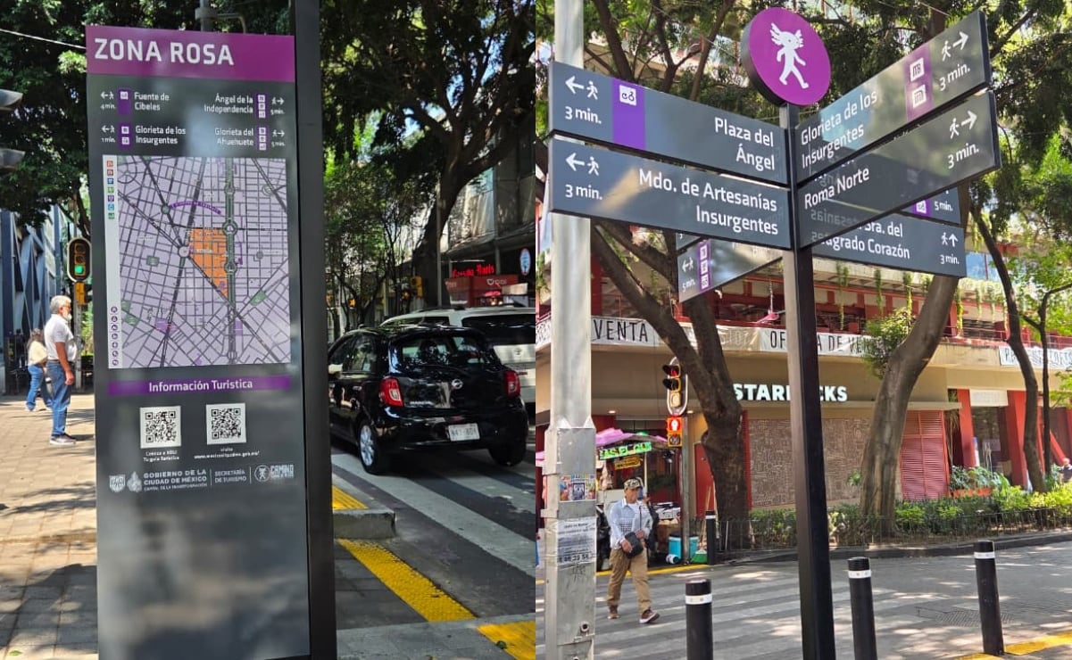 Instalan tótems morados con información turística en Zona Rosa