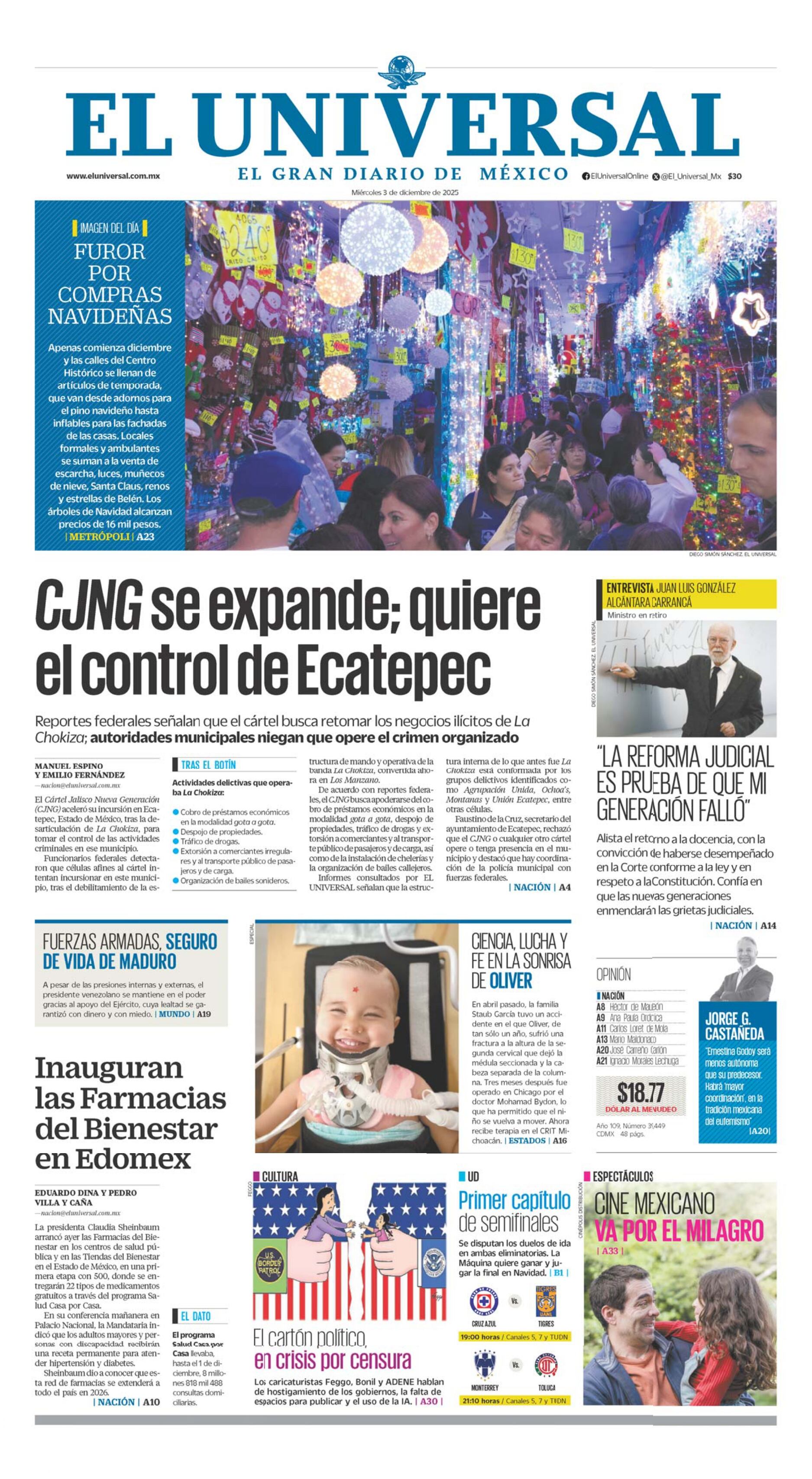 Portada impresa del 3 de diciembre de 2025 | El Universal