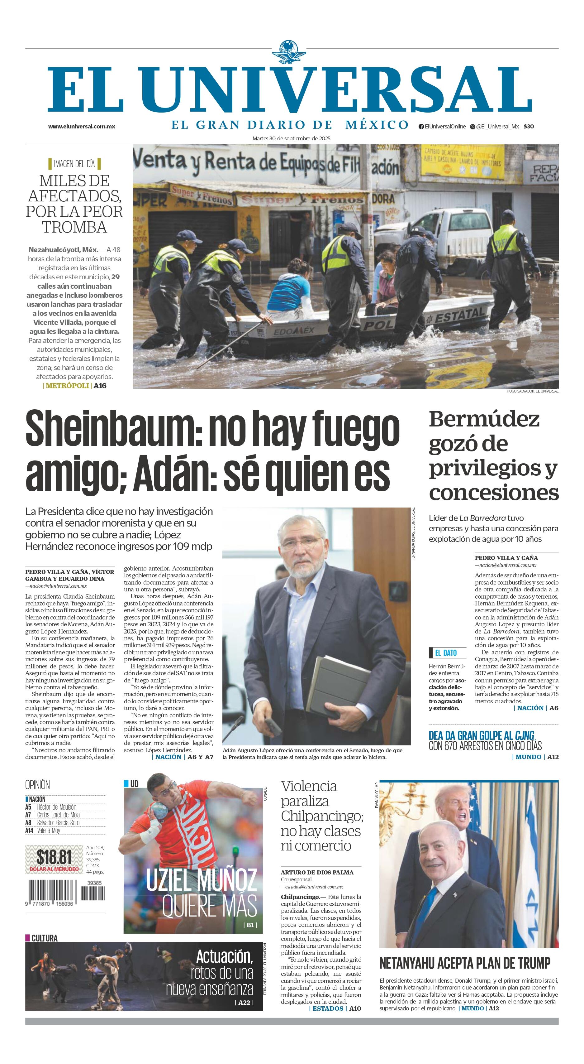 Portada impresa del 30 de septiembre del 2025 | El Universal