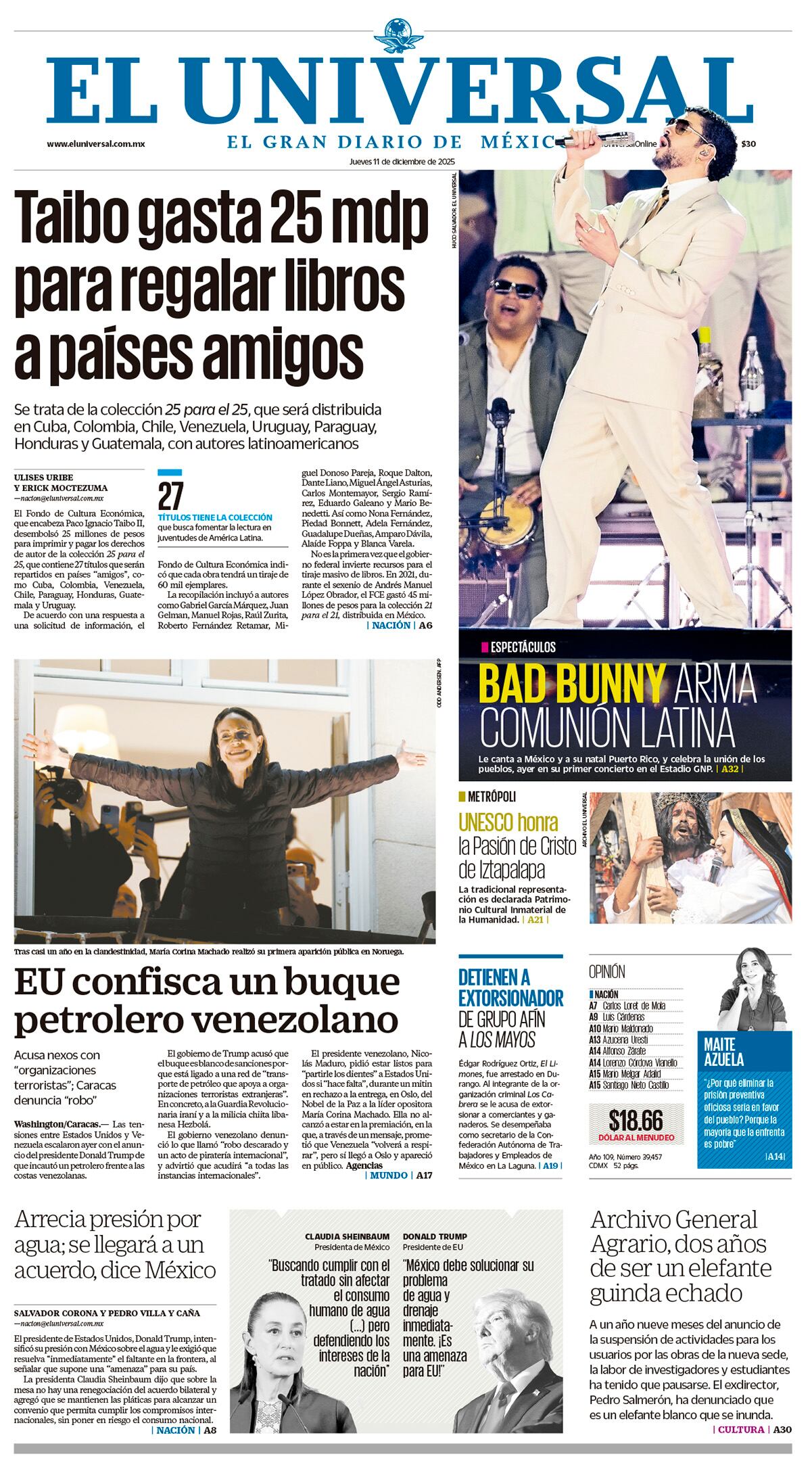 Portada impresa del 11 de diciembre de 2025 | El Universal