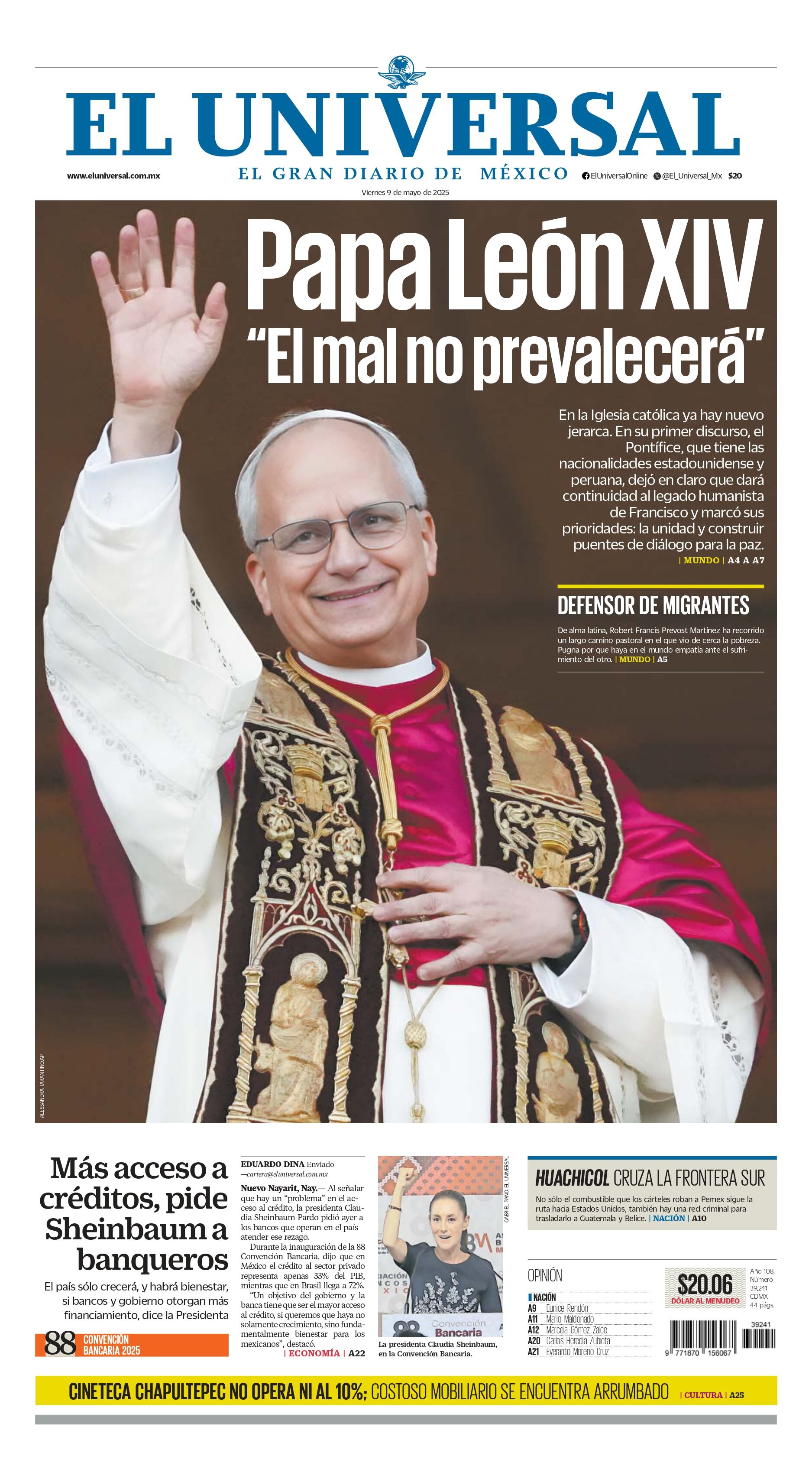 Portada impresa del 9 de mayo del 2025 | El Universal