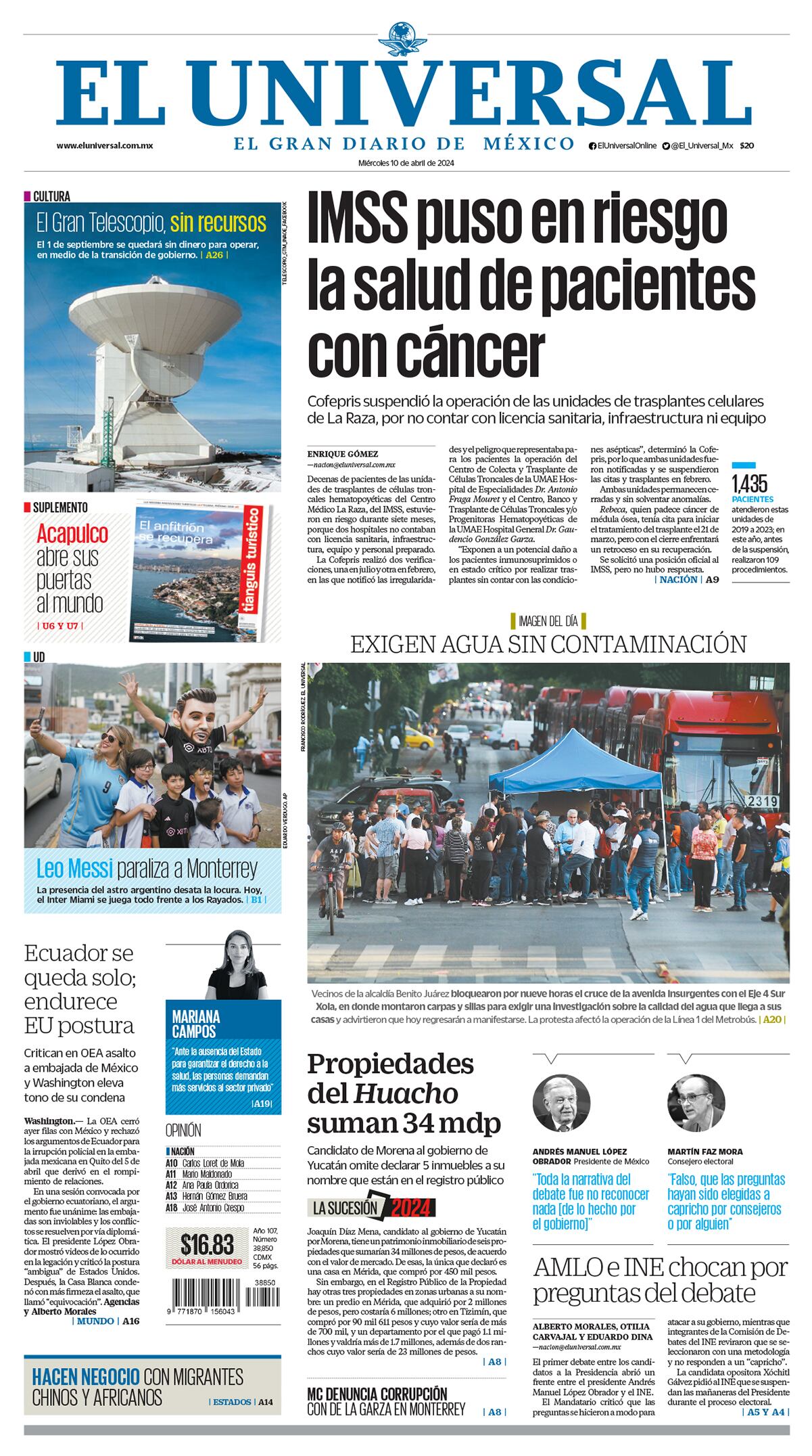 Portada impresa del 10 de abril del 2024 | El Universal