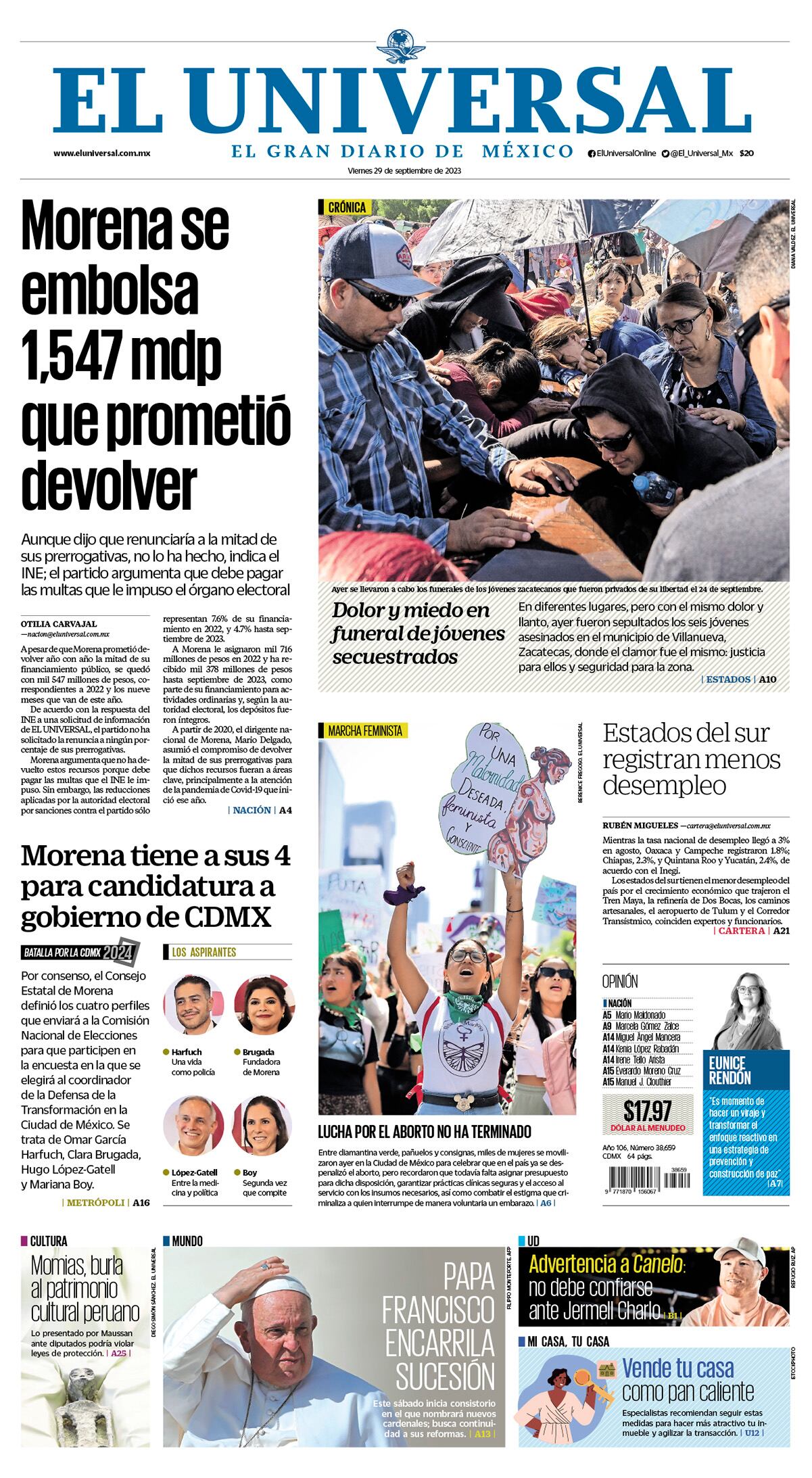 Portada impresa del 29 ed septiembre de 2023 | El Universal